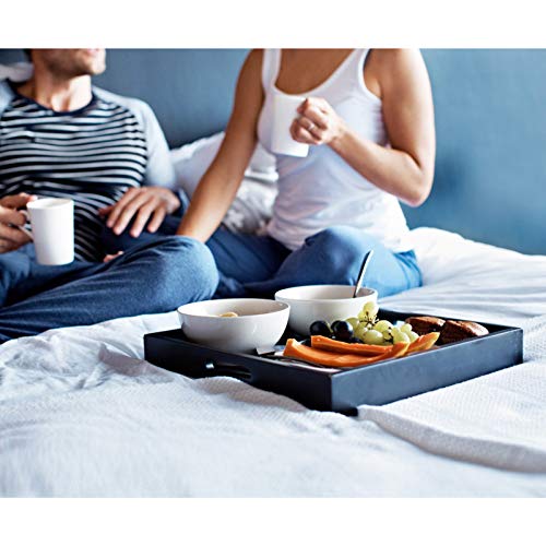 Solid Wood Serving Tray, Rectangle with Handle Hole Non-Slip Tea Coffee Snack Plate Food Meals Serving Tray with Raised Edges for Home Kitchen Restaurant(11.8x7.9x1.4, Black)