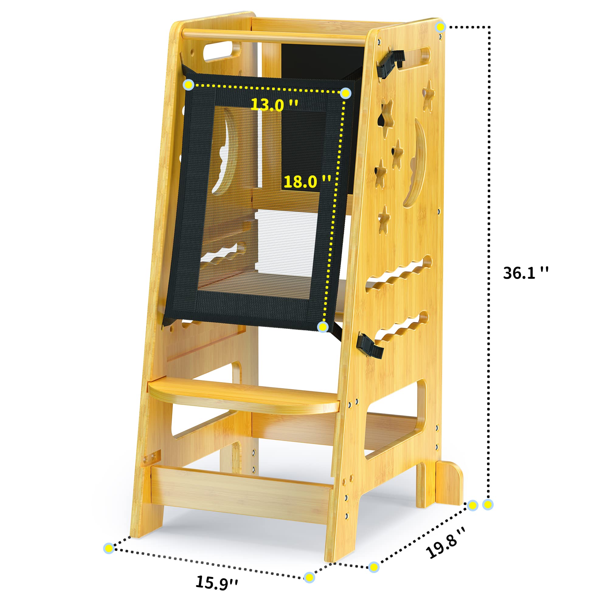 TOETOL Kids Kitchen Step Stool with Keeper Bamboo Toddler Child Standing Tower Helper Adjustable Height with Black and White Activity Board