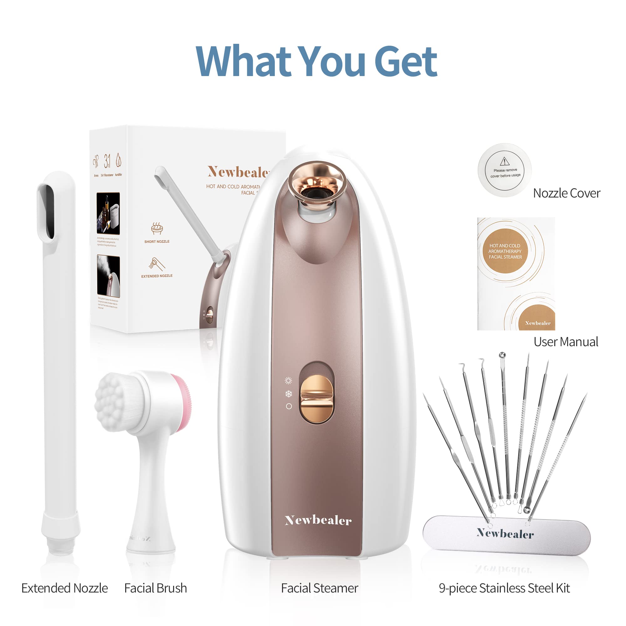 Newbealer Pro Facial Steamer, Hot & Cool Aromatherapy Nano Ionic Steamer with 360° Extended Nozzle, Face Moisturizing Deep Cleaning, Portable for Home Spa, 9-Piece Acne Set and Face Brush