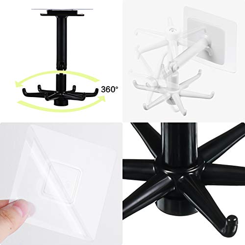 8 Pieces 360 Rotating Folding Hook Multipurpose Hanging Utensil Holder Hook 180 Degrees Vertical Flip Self Adhesive Hook Utensil Rack with 6 Hooks for Kitchen Bathroom Cabinet Towel, Black, White