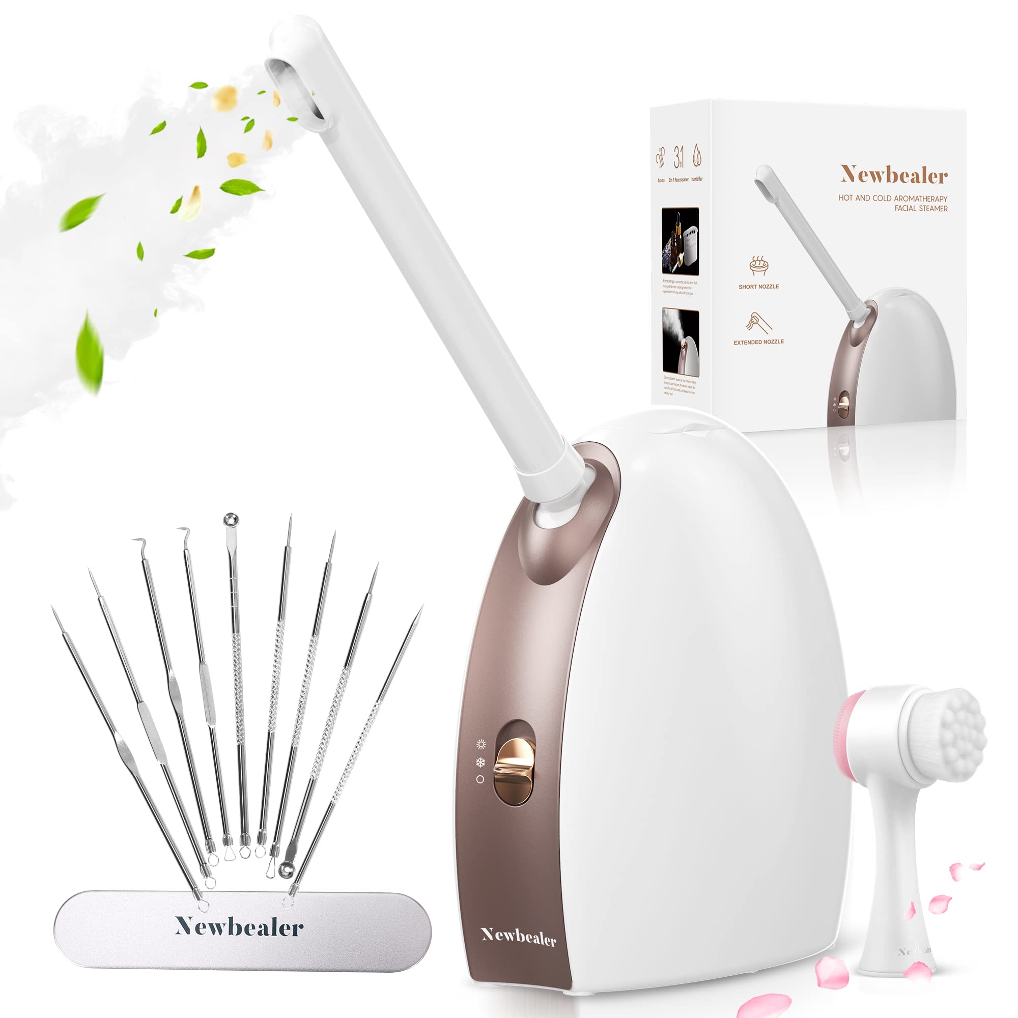 Newbealer Pro Facial Steamer, Hot & Cool Aromatherapy Nano Ionic Steamer with 360° Extended Nozzle, Face Moisturizing Deep Cleaning, Portable for Home Spa, 9-Piece Acne Set and Face Brush