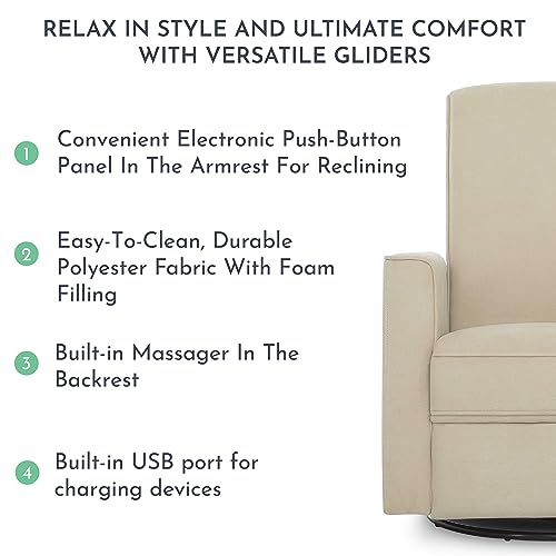Evolur Harlow Deluxe Upholstered Plush Seating Glide Rocker, Swivel, Power Recliner USB Port with in-Built Massager, Greenguard Gold Certified, Glider Chair for Nursery in Shell