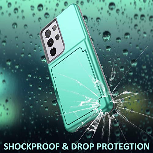 WeLoveCase for Samsung Galaxy S21 Ultra Wallet Case with Credit Card Holder & Hidden Mirror, Defender Protective Shockproof Heavy Duty Phone Cover for Samsung Galaxy S21 Ultra 5G, 6.8 inch Mint