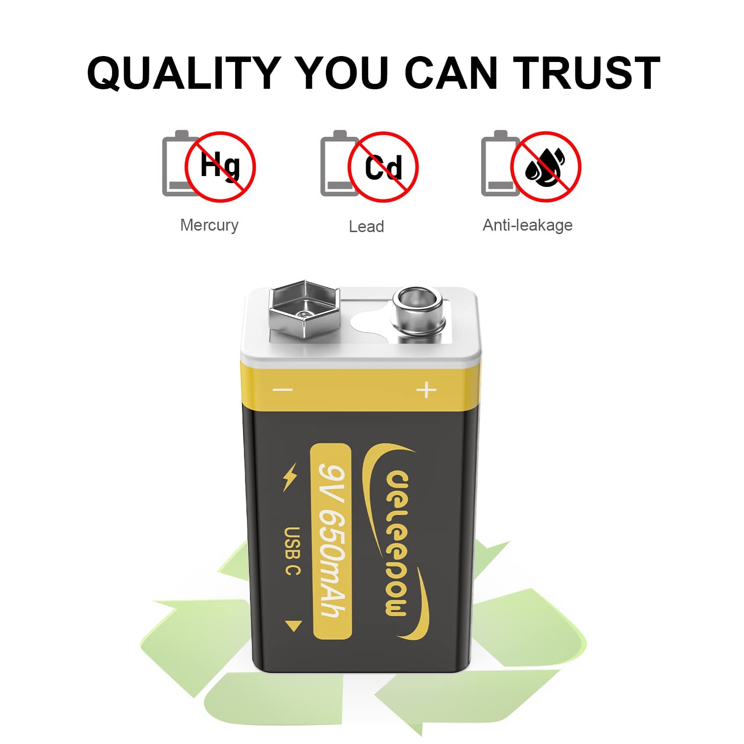 Deleepow Rechargeable 9V Batteries USB C 650mAh, 9V Lithium Batteries Rechargeable 800 Cycle with USB Cable