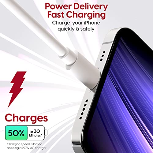 TALK WORKS Fast-Charge USB C to Lightning Cable MFi-Certified for Apple iPhone 13, 12, 11 Pro/Max/Mini, XR, XS/Max, X, 8, 7, 6, 5, SE, iPad, AirPods, Watch - 10ft Long, Heavy-Duty Cord, White