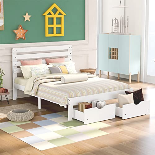 Full Bed with Drawers,Wood Bed Frame with Headboard and Footboard Mattress Foundation Wood Bed Platform for Boys, Girls, Kids, Young Teens and Adults,White