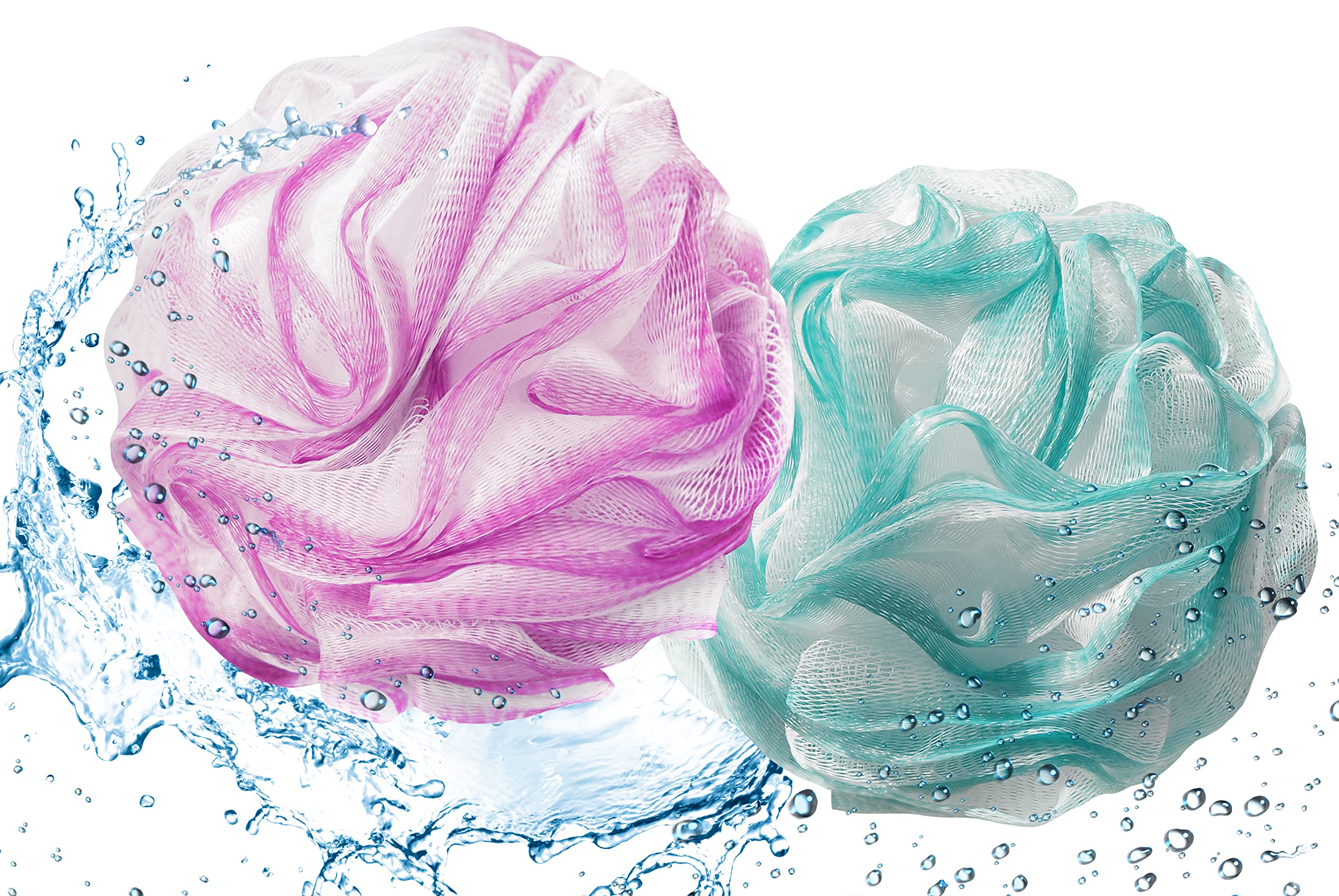 Loofah-Bath Sponge-White w/Color Set-XL-75g by À La Paix-Extra Large 4 Pack Soft Mesh Loufa Puff-Exfoliating Luffa Body Scrubber Women & Men Silky Skin -Long-Handle Body Exfoliator-Bathing Accessories