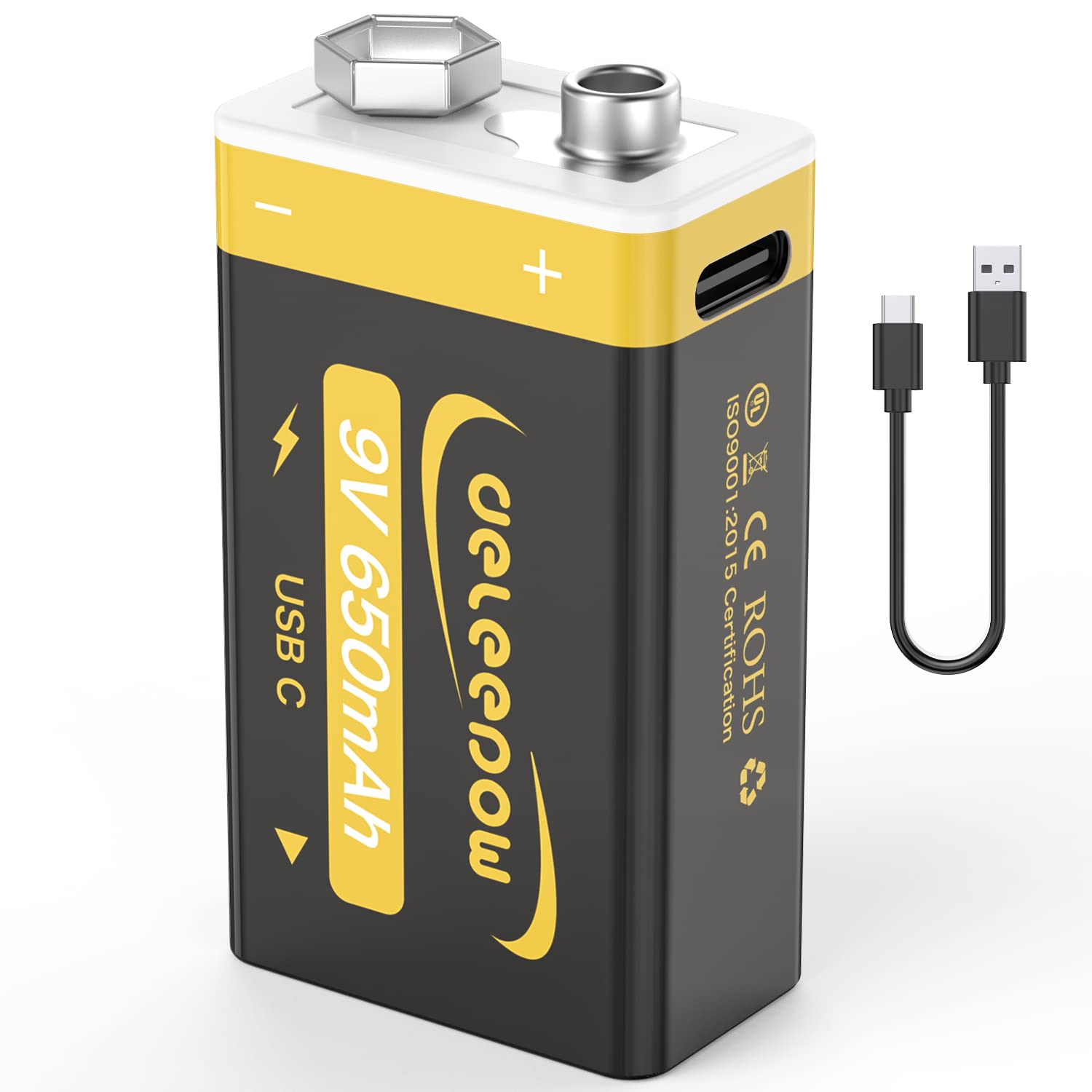 Deleepow Rechargeable 9V Batteries USB C 650mAh, 9V Lithium Batteries Rechargeable 800 Cycle with USB Cable