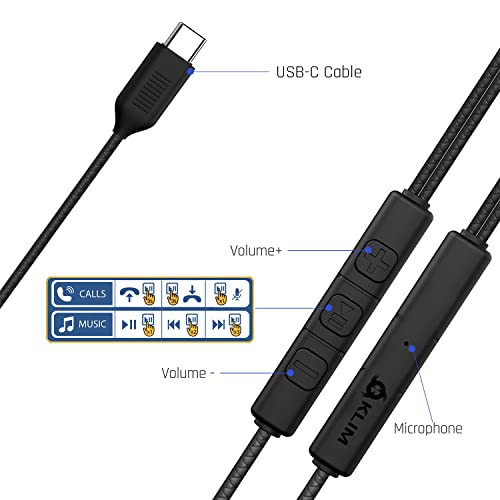 KLIM F1 USB C Earphones + New Version + Excellent Audio Quality + Durable USB C Headphones with Microphone + 5-Year Warranty + Wired USB C Earbuds Compatible Huawei Sony Samsung Headphones Type C