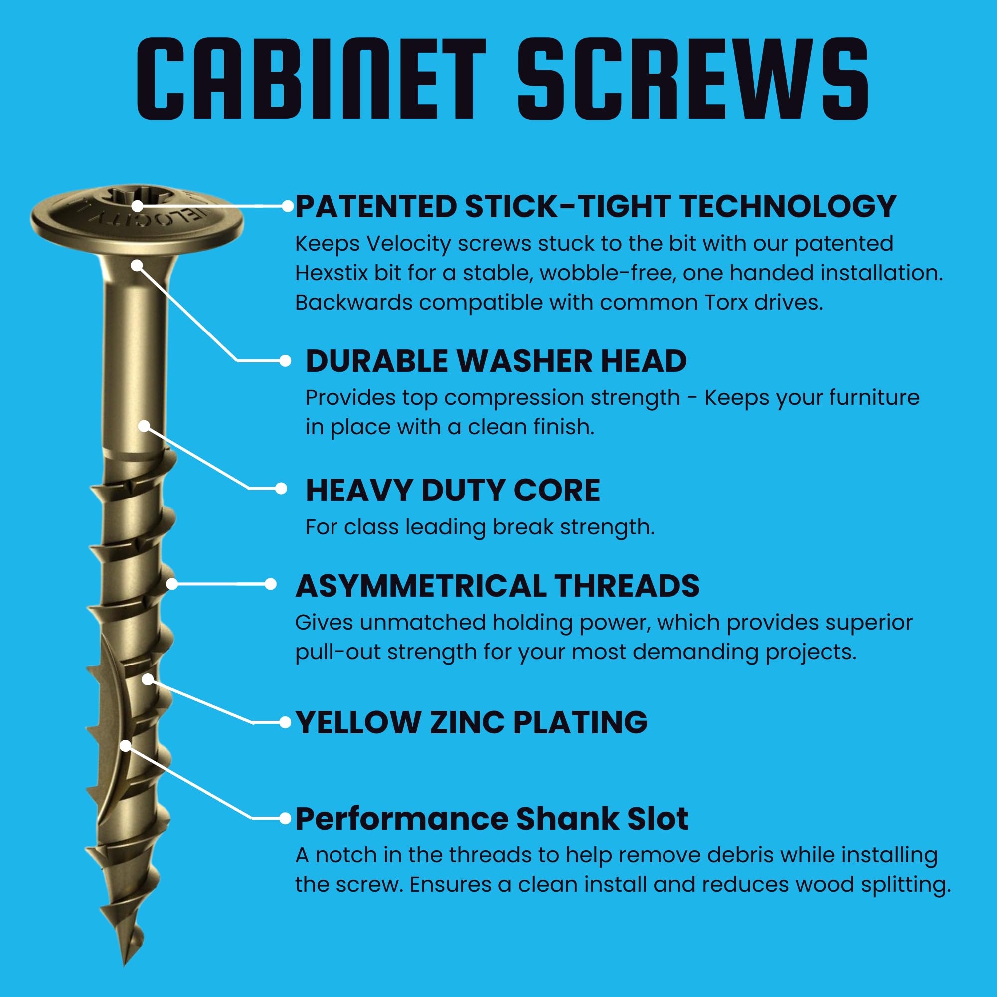 Velocity Cabinet Screws for Wood and T20 Torx Bits (Size #8 x 2 1/2"), – Zinc Plated Washer Head, Designed for Wood Screw Construction and DIY Projects (100 Count)