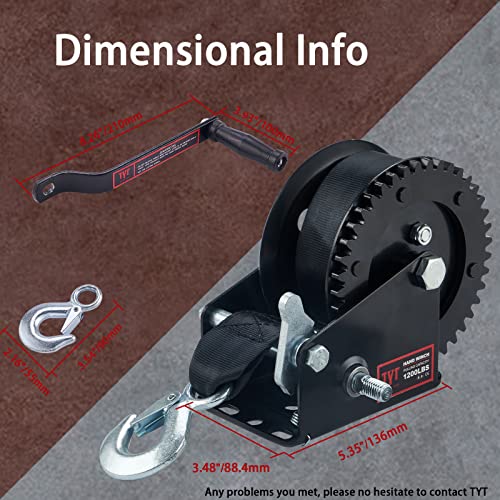 TYT 1200LB Boat Trailer Strap Winch with 8M Black Rope, Standard Mounting Hole Crank Hand Winch with Hook, Two Way Ratchet Manual Gear Winch for Towing Pulling Boat Trailer Truck RV ATV Jet Ski Winch