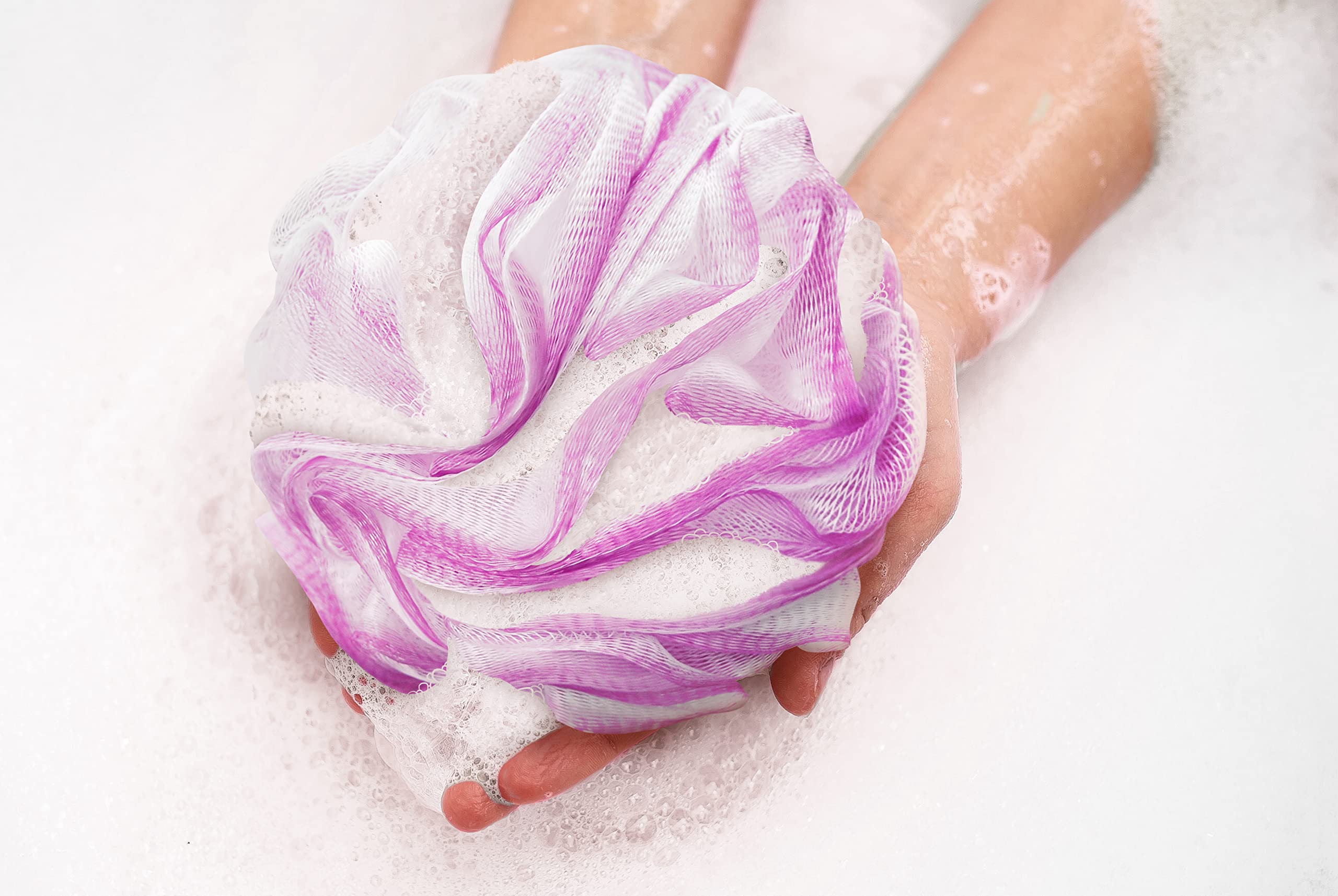 Loofah-Bath Sponge-White w/Color Set-XL-75g by À La Paix-Extra Large 4 Pack Soft Mesh Loufa Puff-Exfoliating Luffa Body Scrubber Women & Men Silky Skin -Long-Handle Body Exfoliator-Bathing Accessories