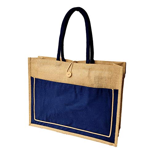 Vintage Style Jute with Cotton Pocket Reusable Large Tote Grocery Shopping Bag - Custom Personalization Available (Navy - Embroidered Monogram)