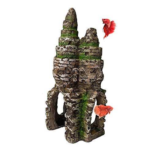 kathson Aquarium Buddha Statue Decorations Fish Tank Resin Buddha for Four Faces Ornament with Caves Hole for Betta Fish Hideout Swim Through