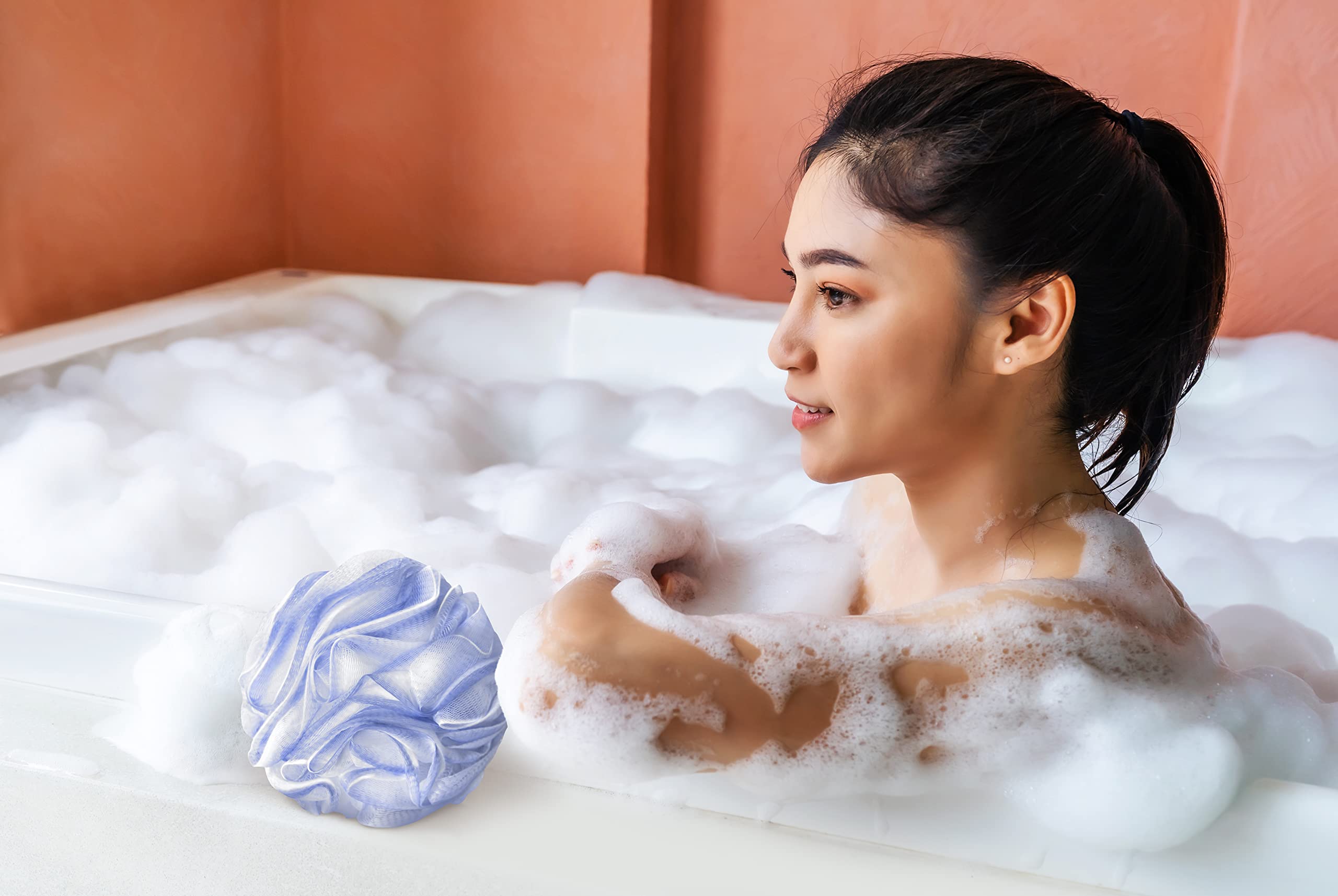 Loofah-Bath Sponge-White w/Color Set-XL-75g by À La Paix-Extra Large 4 Pack Soft Mesh Loufa Puff-Exfoliating Luffa Body Scrubber Women & Men Silky Skin -Long-Handle Body Exfoliator-Bathing Accessories