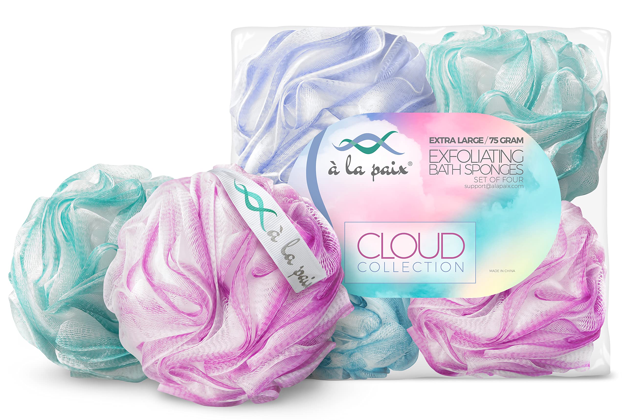 Loofah-Bath Sponge-White w/Color Set-XL-75g by À La Paix-Extra Large 4 Pack Soft Mesh Loufa Puff-Exfoliating Luffa Body Scrubber Women & Men Silky Skin -Long-Handle Body Exfoliator-Bathing Accessories