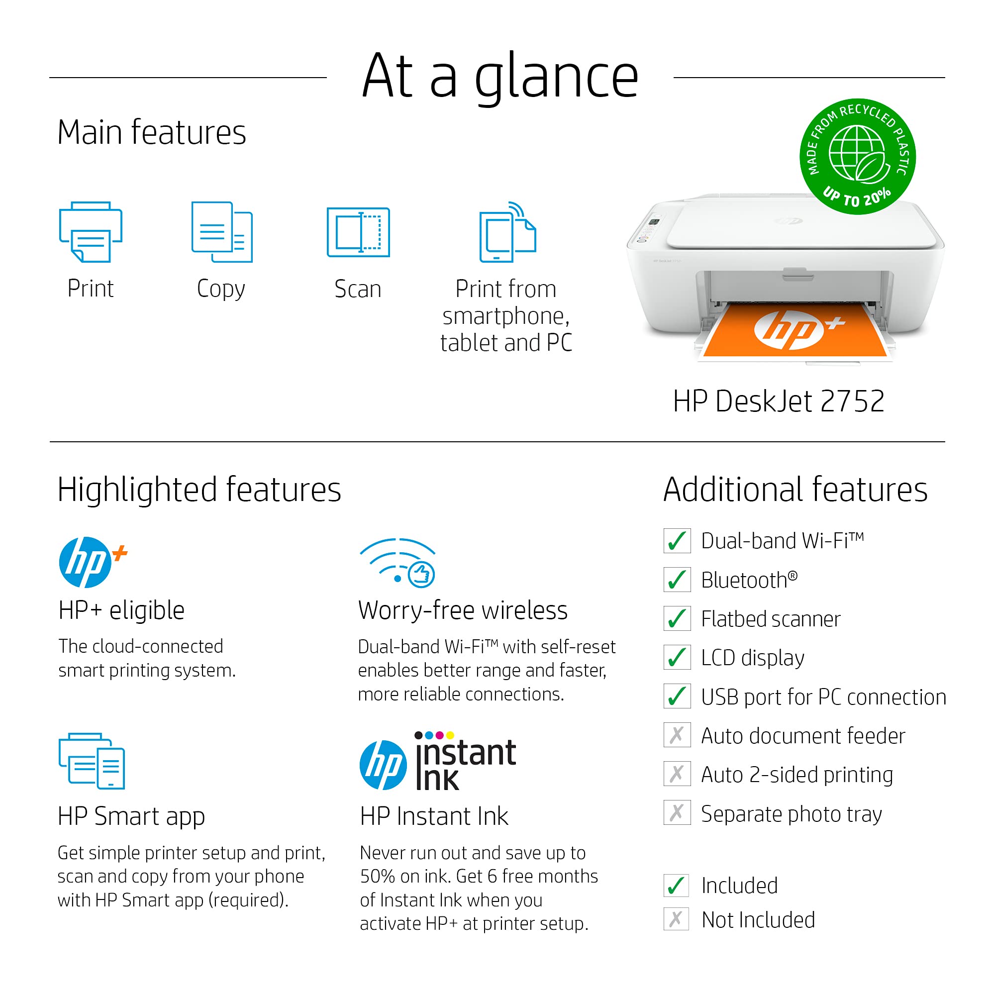 HP DeskJet 2752B Wireless All-in-One Color Inkjet Printer for Home Office, White - Print Scan Copy - Icon LCD Display, 4800 x 1200 dpi, WiFi, Bluetooth, Hi-Speed USB, Instant Ink Ready