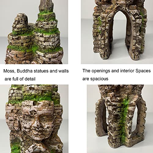 kathson Aquarium Buddha Statue Decorations Fish Tank Resin Buddha for Four Faces Ornament with Caves Hole for Betta Fish Hideout Swim Through