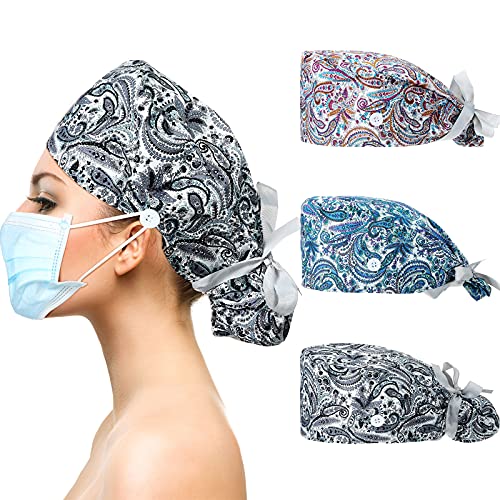 Geyoga 3 Pieces Adjustable Bouffant Hats with Buttons, Tie Back Hats with Sweatband for Women Men