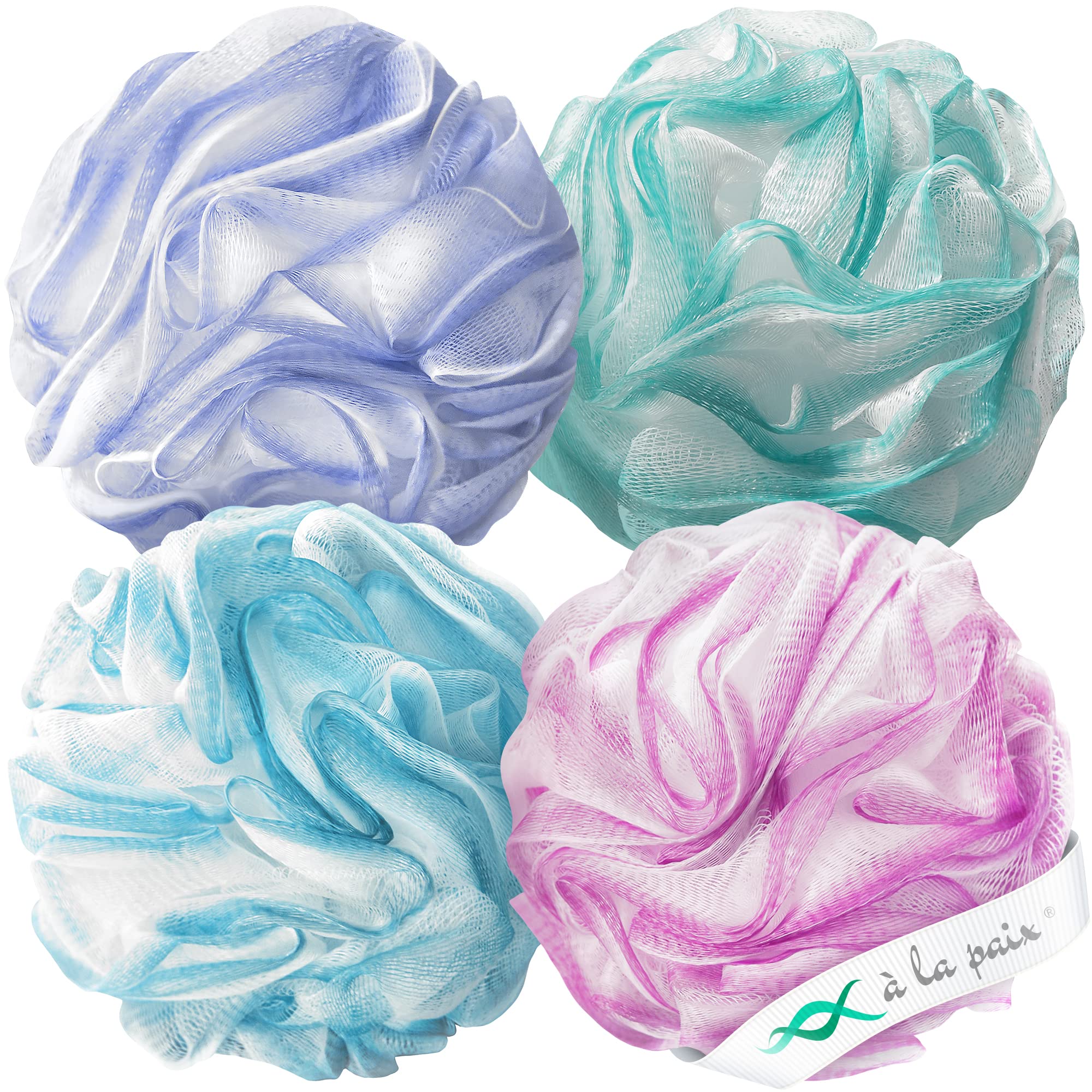 Loofah-Bath Sponge-White w/Color Set-XL-75g by À La Paix-Extra Large 4 Pack Soft Mesh Loufa Puff-Exfoliating Luffa Body Scrubber Women & Men Silky Skin -Long-Handle Body Exfoliator-Bathing Accessories