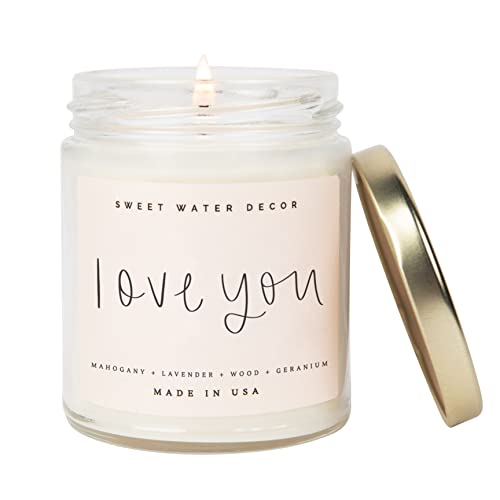 Sweet Water Decor, Love You Candle | Mahogany Teakwood Scented Soy Wax Candle for Home | Valentine's Day Gifts | 9oz Clear Jar, 40 Hour Burn Time