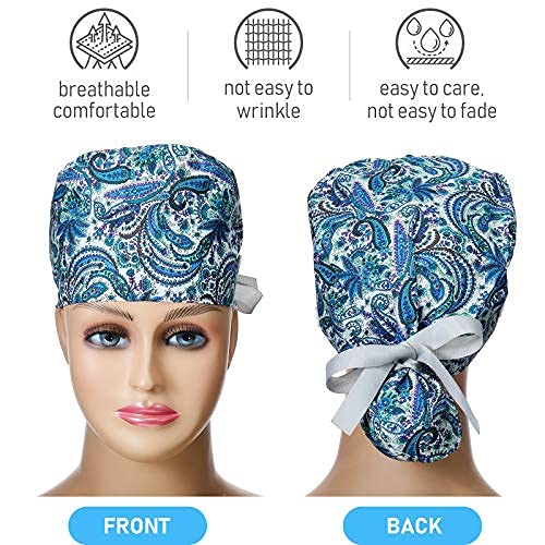 Geyoga 3 Pieces Adjustable Bouffant Hats with Buttons, Tie Back Hats with Sweatband for Women Men