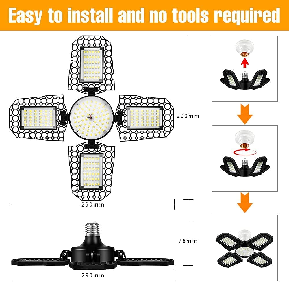 2-Pack LED Garage Light, 120W Deformable LED Shop Light with E26/E27 Medium Base, 12000 Lumens with 5 Aluminum Adjustable Panels, 3500K Screw LED Ceiling Light for Attic, Workshop, Basement