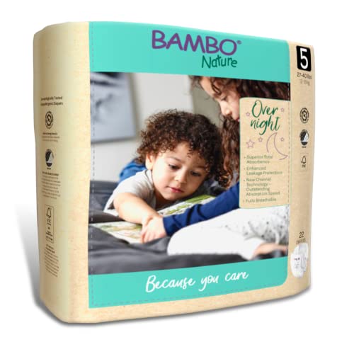 Bambo Nature Hypoallergenic Overnight Baby Diapers, Eco-Labeled Overnight Diapers, Totally Chlorine-Free, Skin Friendly, Super Absorbent - Size 5 (44 Count)