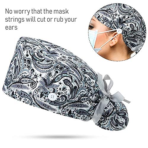 Geyoga 3 Pieces Adjustable Bouffant Hats with Buttons, Tie Back Hats with Sweatband for Women Men