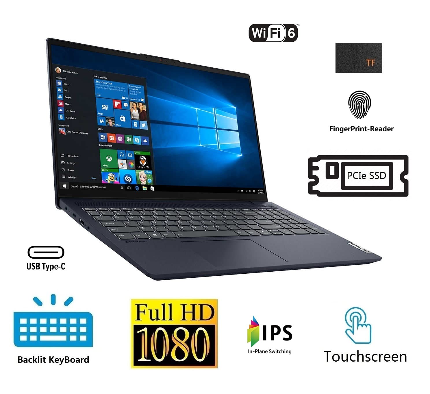 Lenovo Newest Ideapad5 Premium Laptop: 15.6" FHD Anti-Glare IPS Touchscreen, Latest 4-Core Intel i7-1165G7(Upto 4.7Ghz), 12GB RAM, 1TB SSD, Iris Xe, WiFi-6, Backlit-KYB, FP-Reader, USB-C, Win10H, TF