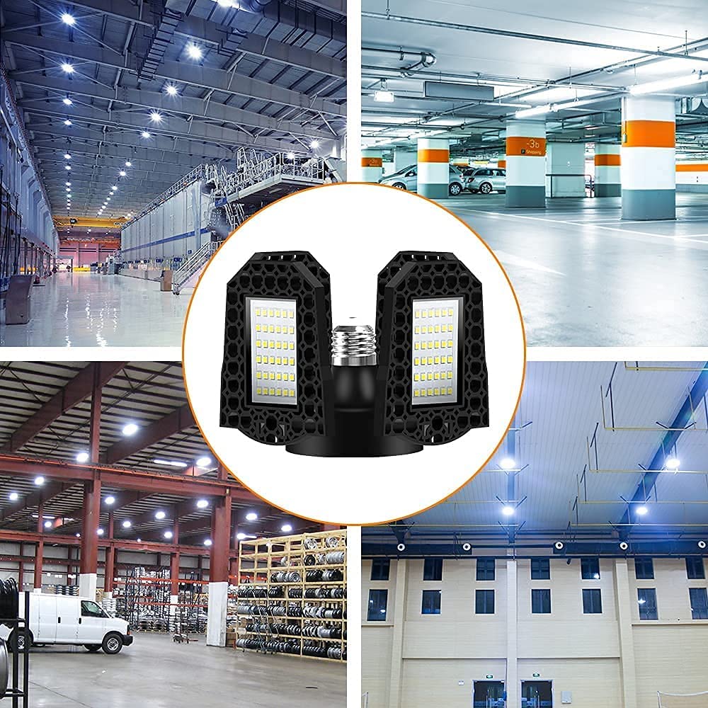2-Pack LED Garage Light, 120W Deformable LED Shop Light with E26/E27 Medium Base, 12000 Lumens with 5 Aluminum Adjustable Panels, 3500K Screw LED Ceiling Light for Attic, Workshop, Basement