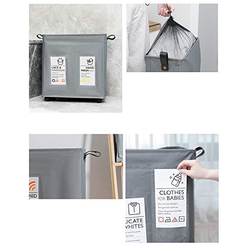 Houseware Double Laundry Hamper with Wheels Removable Laundry Bags Foldable Corner Storage Bins Collapsible Rolling Laundry Basket (Grey)