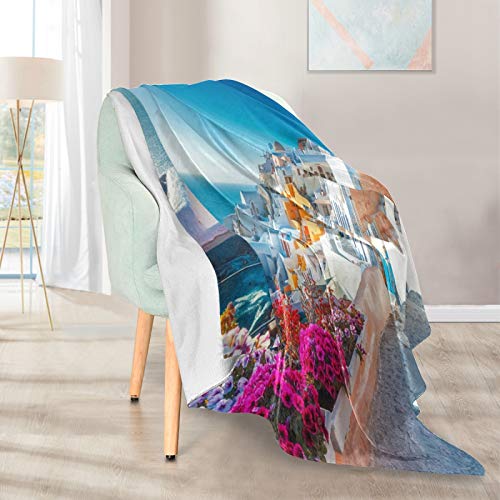 Blueangle Santorini Greece Blanket Super Soft Warm Cozy Blanket Lightweight All Season Fleece Throw Blanket for Bed or Sofa, Easy Care (50 x 60 Inches)