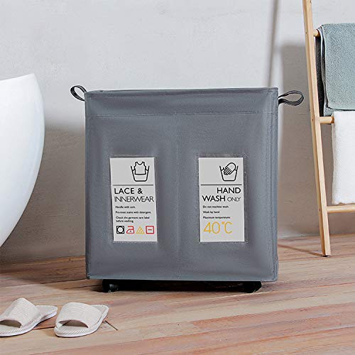 Houseware Double Laundry Hamper with Wheels Removable Laundry Bags Foldable Corner Storage Bins Collapsible Rolling Laundry Basket (Grey)