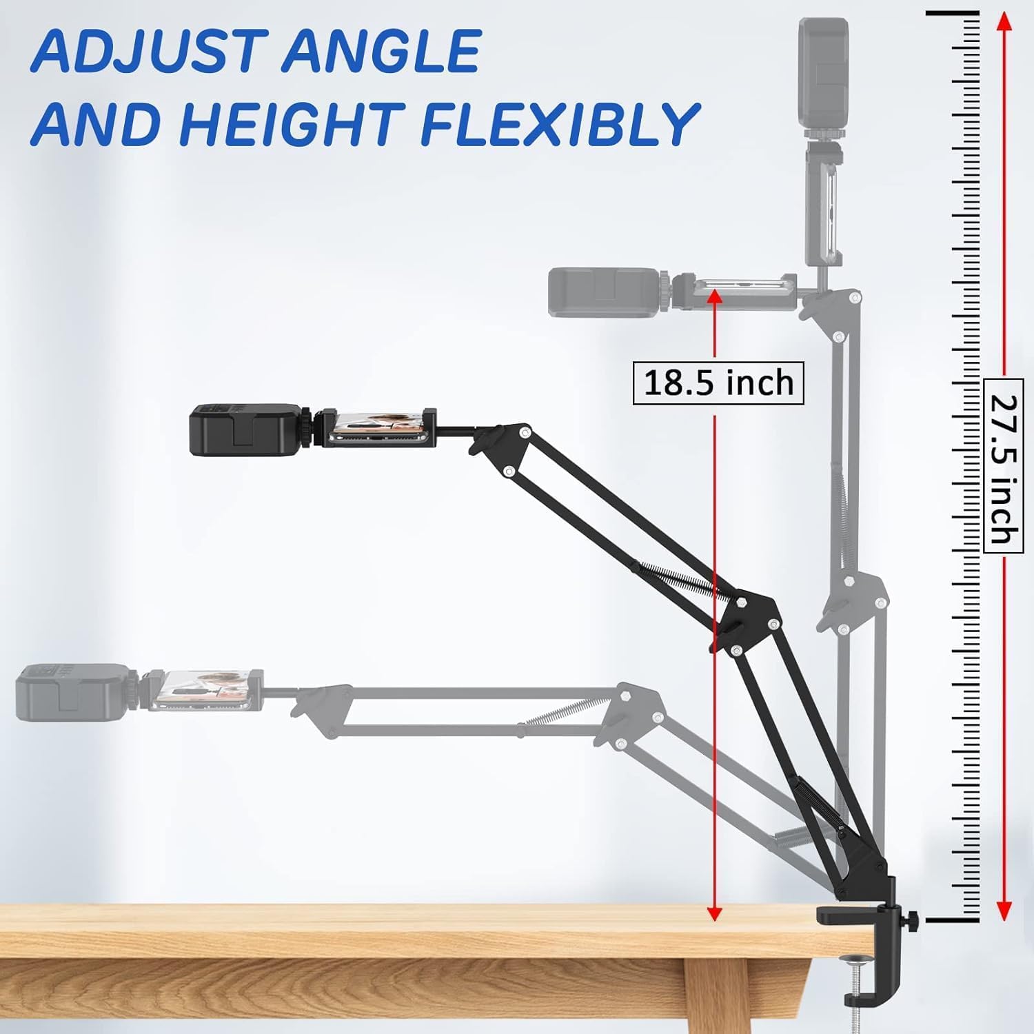 Overhead Phone Mount, Articulating Arm Cell Phone Holder with LED Light, Flexible Phone Stand for Live Streaming, Video Recording, Painting Lighting, Cooking