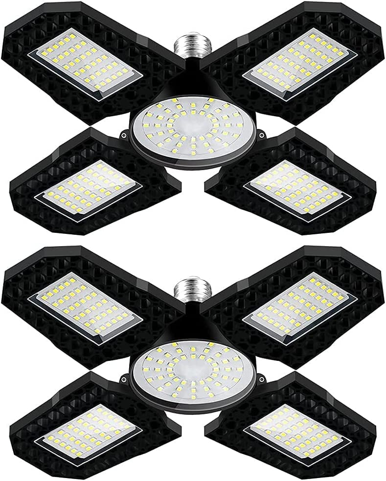 2-Pack LED Garage Light, 120W Deformable LED Shop Light with E26/E27 Medium Base, 12000 Lumens with 5 Aluminum Adjustable Panels, 3500K Screw LED Ceiling Light for Attic, Workshop, Basement