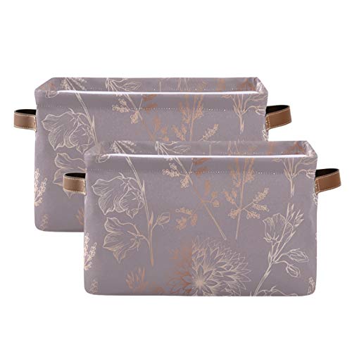 susiyo Large Foldable Storage Bin Rose Gold Elegant Floral Fabric Storage Baskets Collapsible Decorative Baskets Organizing Basket Bin with PU Handles for Shelves Home Closet Bedroom Living Room-2Pack