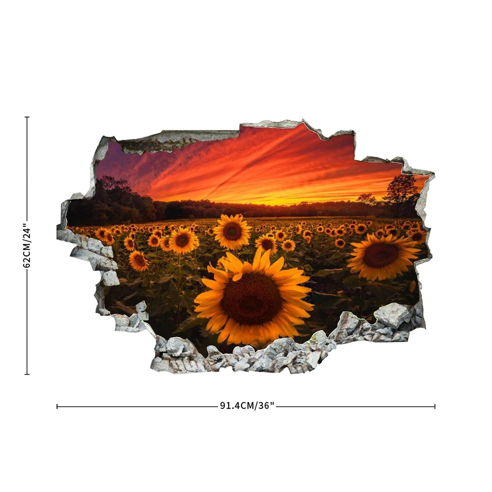 Sunrises and Sunsets Sunflowers Fields Wall Decal Landscape 3D Break Through Wall Sticker Removable PVC Funny Wall Art Decal Christmas Home Decor Vinyl Mural for Boy Kids Room Living Room
