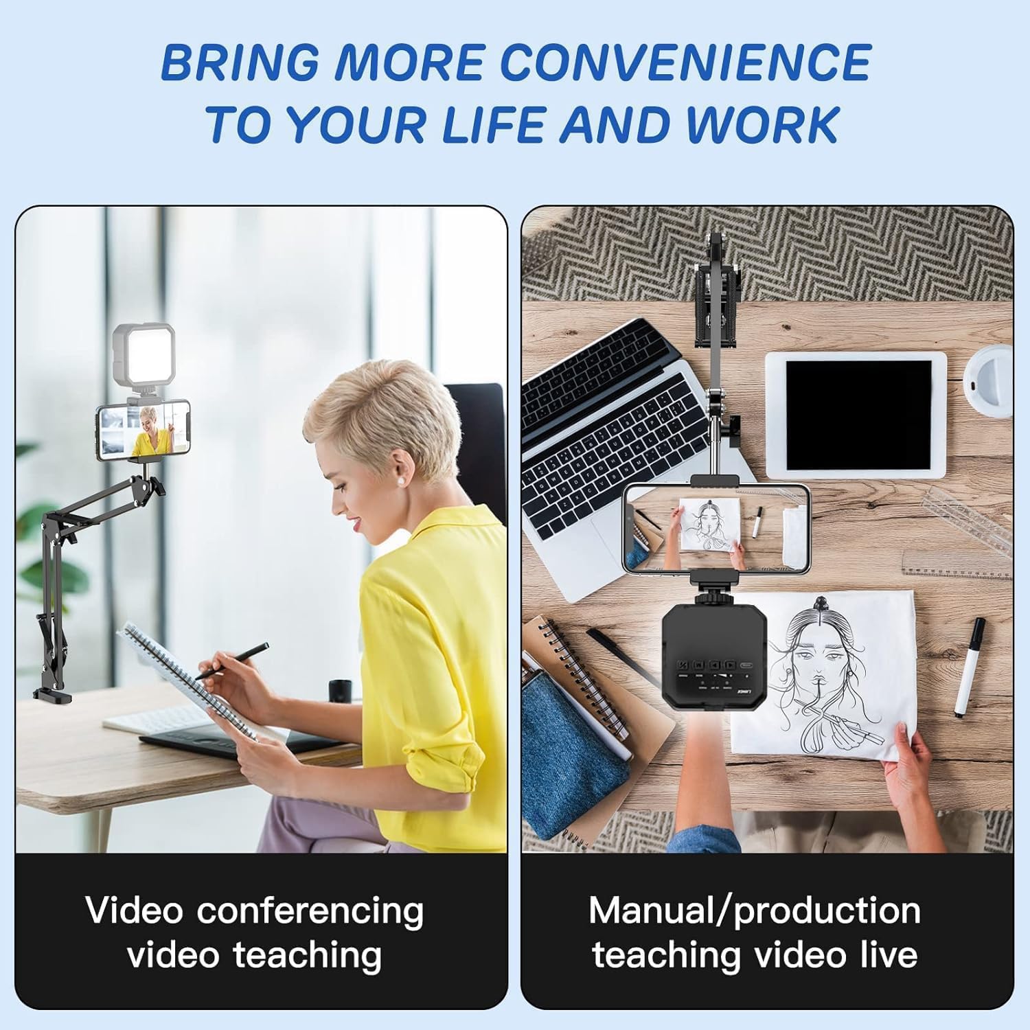 Overhead Phone Mount, Articulating Arm Cell Phone Holder with LED Light, Flexible Phone Stand for Live Streaming, Video Recording, Painting Lighting, Cooking