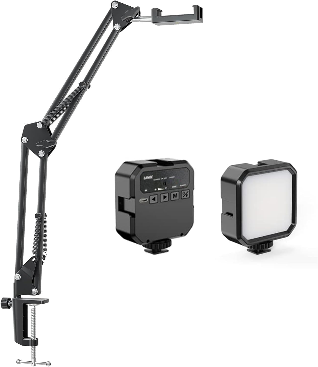 Overhead Phone Mount, Articulating Arm Cell Phone Holder with LED Light, Flexible Phone Stand for Live Streaming, Video Recording, Painting Lighting, Cooking