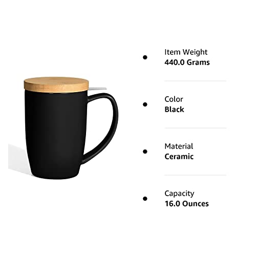 COYMOS Ceramic Tea Mug with Infuser and Lid, 16oz Loose Leaf Tea Cup Large Handle Teaware Mug, Tea Gift Sets for Tea Lover (Black)