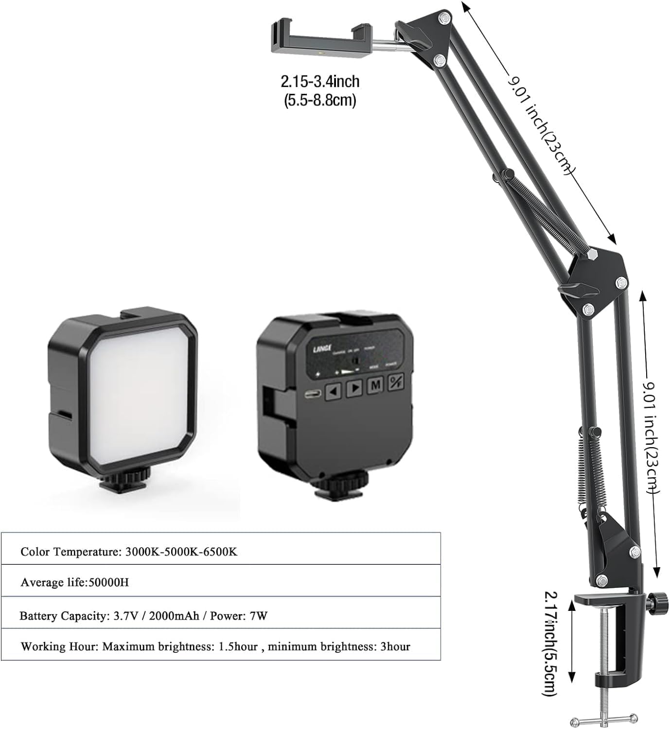 Overhead Phone Mount, Articulating Arm Cell Phone Holder with LED Light, Flexible Phone Stand for Live Streaming, Video Recording, Painting Lighting, Cooking