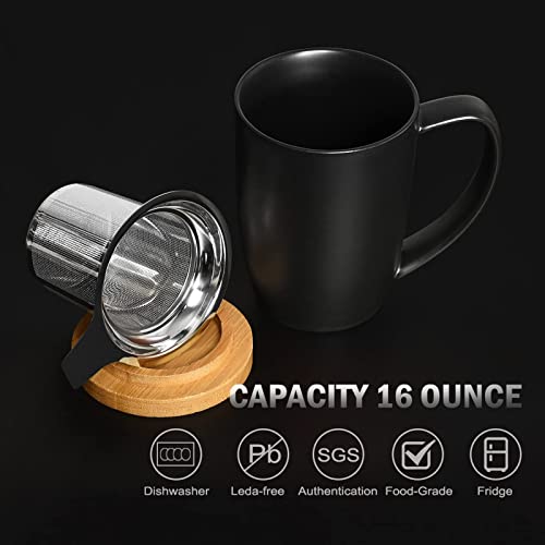COYMOS Ceramic Tea Mug with Infuser and Lid, 16oz Loose Leaf Tea Cup Large Handle Teaware Mug, Tea Gift Sets for Tea Lover (Black)