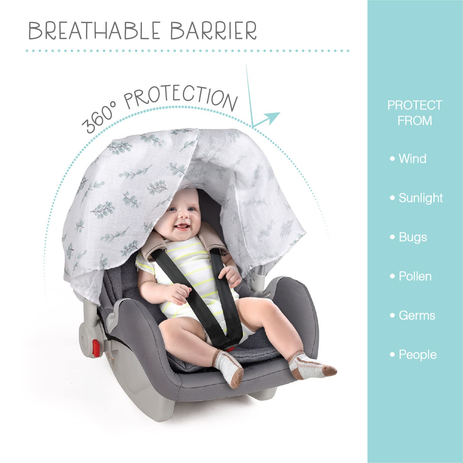 The Peanutshell Muslin Canopy Car Seat Cover, Breathable Lightweight 360° Protector Baby Car Seat Cover Size 36" x 24" - Gender Neutral Eucalyptus Pattern