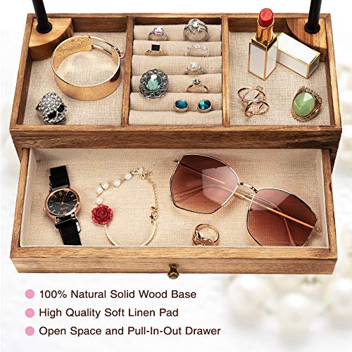 Emfogo Jewelry Organizer Stand Wood Basic Jewelry Drawer Storage Box with Double Rods & 6 Tier Jewelry Tree Stand Holder for Necklaces Bracelet Earring Ring Display(Carbonized Black)