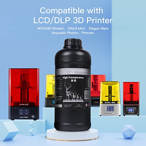 NOVA3D High Transparent 3D Resin Non-Yellowing 405nm photopolymer Resin Clear Like Glass for LCD 3D Printing, 500g
