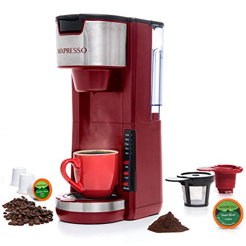 Mixpresso Single Serve 2 in 1 Coffee Brewer K-Cup Pods Compatible & Ground Coffee,Compact Coffee Maker Single Serve With 30 oz Detachable Reservoir, 5 Brew Size and Adjustable Drip Tray (Red)