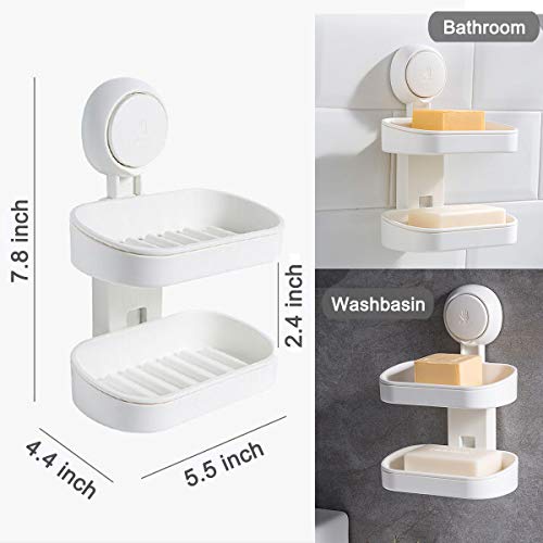 Elebac Double Layer Soap Dished Holder Suction Cup, Soap Bar Holder with Drainage Design for Soap Saver, Wall Mounted Soap Tray for Bathroom Shower, Reusable, Removable, Waterproof, Plastic, White