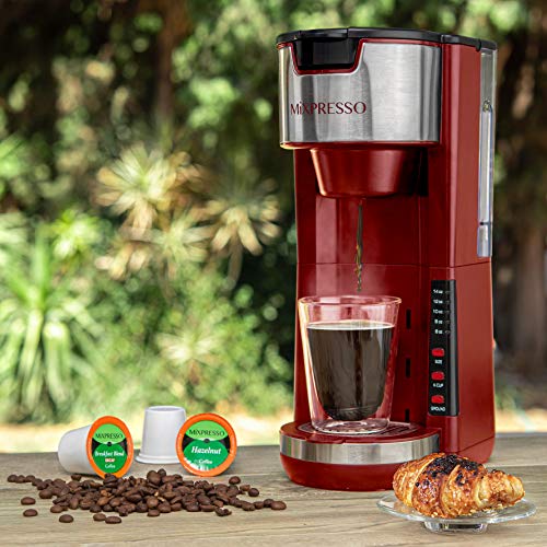 Mixpresso Single Serve 2 in 1 Coffee Brewer K-Cup Pods Compatible & Ground Coffee,Compact Coffee Maker Single Serve With 30 oz Detachable Reservoir, 5 Brew Size and Adjustable Drip Tray (Red)