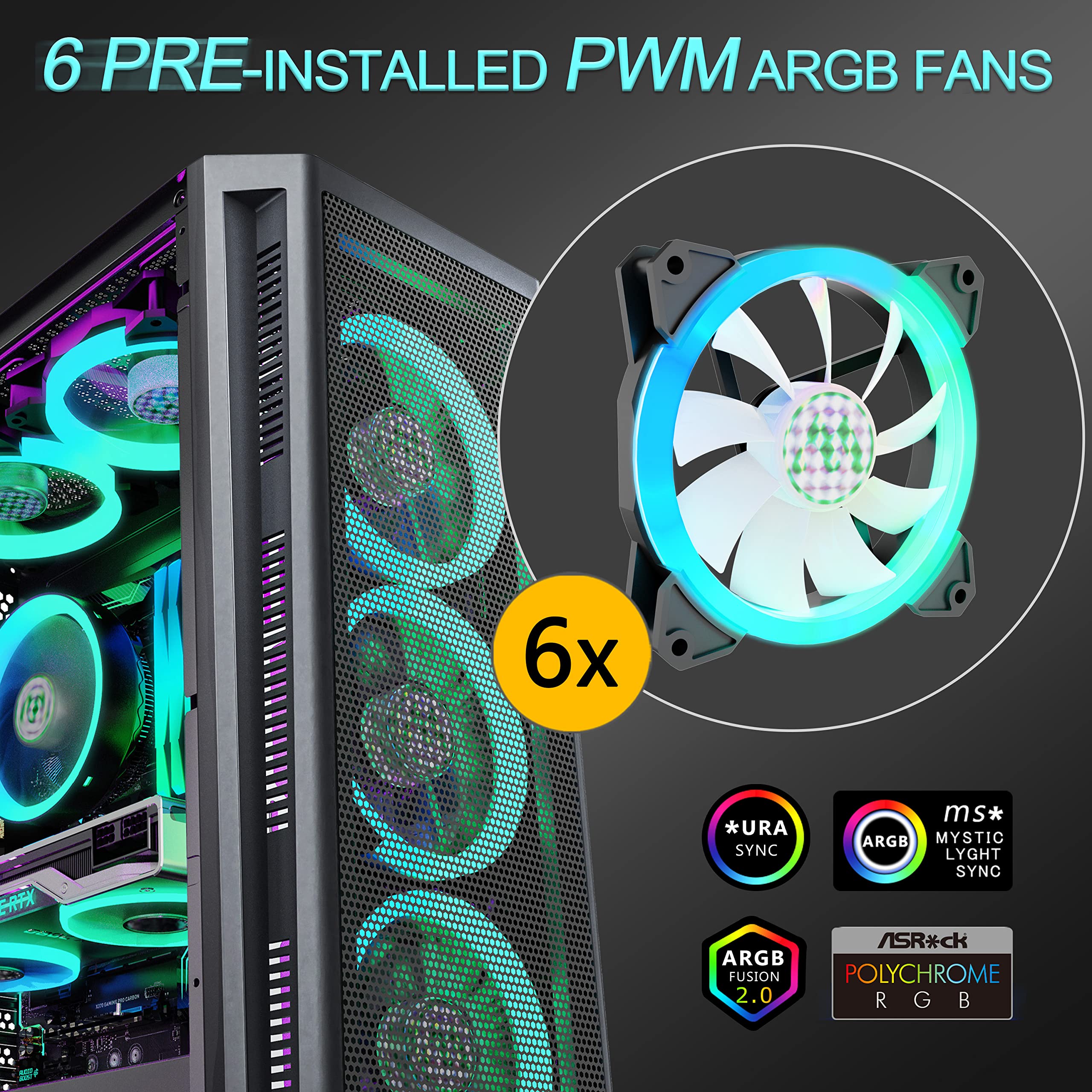 MUSETEX ATX PC Case Pre-Install 6 PWM ARGB Fans, Mid Tower Gaming Case with Opening Tempered Glass Side Panel Door, Mesh Computer Case, TW8
